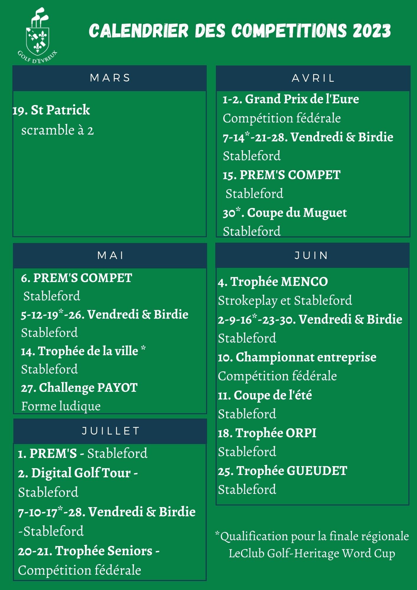 Calendrier des compétition - Golf Municipal d'Évreux